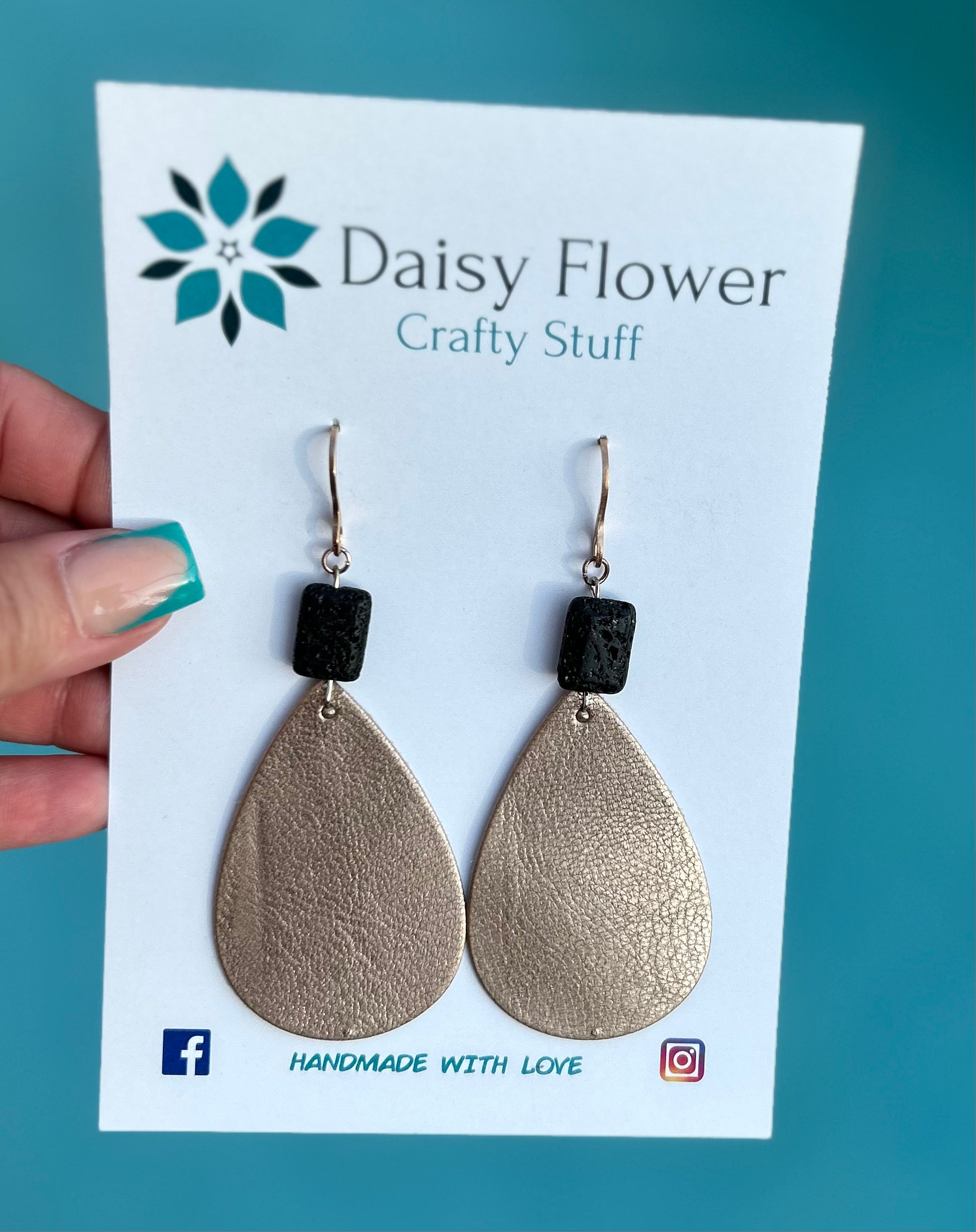 Leather gold and black beads earrings – Daisy Flower Crafty Stuff